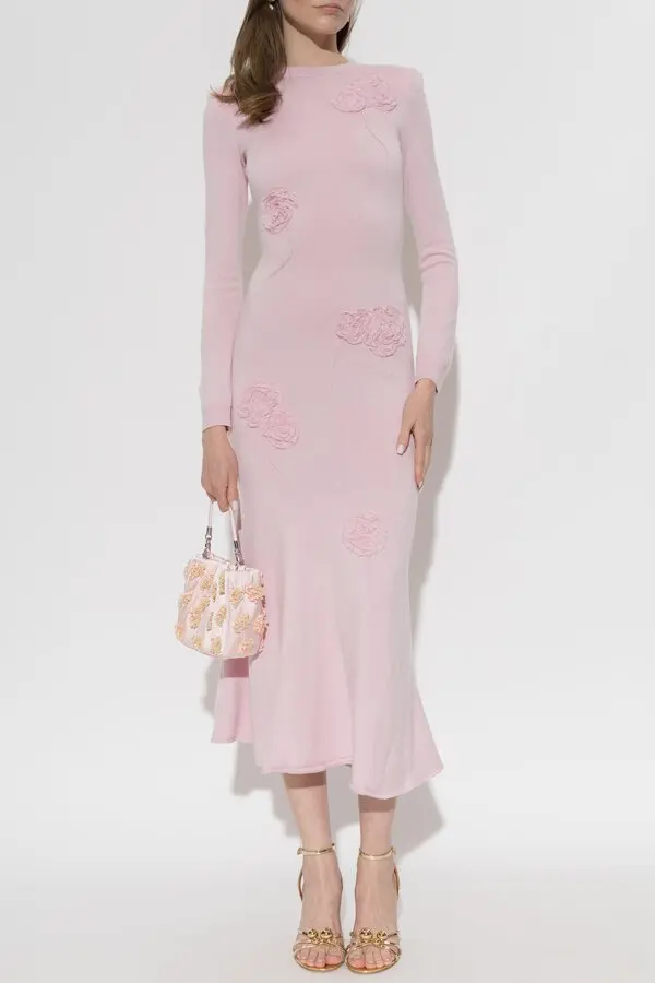 SELF-PORTRAIT Knit Midi Dress With Floral Lace Appliqués
