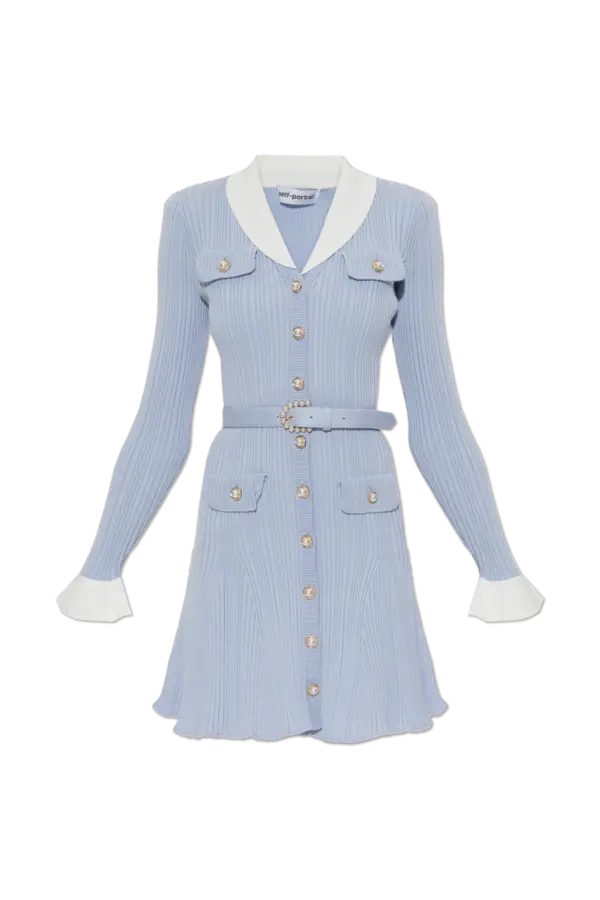 SELF-PORTRAIT Ribbed Dress With Pockets - Blue