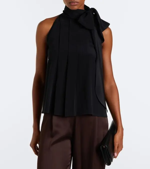 Max Mara Pleated Silk Tie-neck Top - Black
