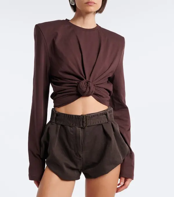 Magda Butrym Cotton-blend Jersey Crop Top With Shoulder Pads - Brown