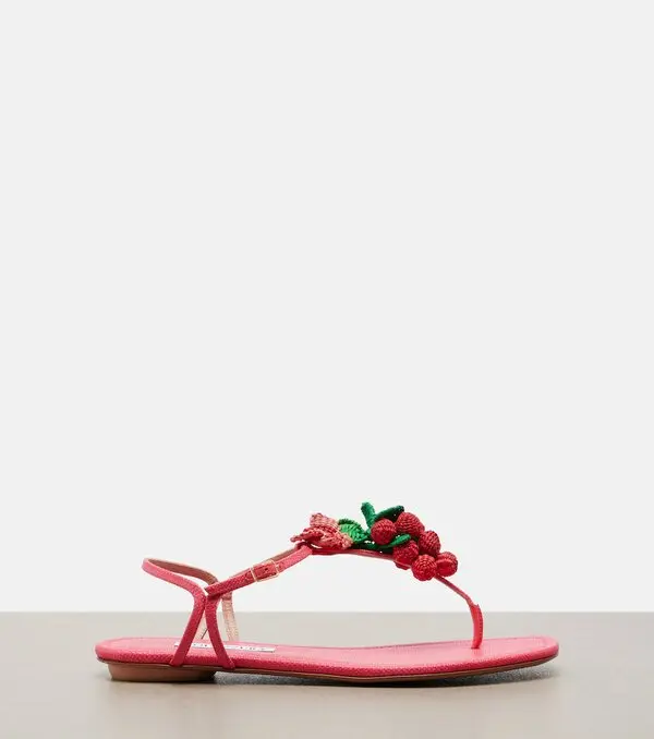 AQUAZZURA Raffia-effect Thong Sandals With Berry Embellishment