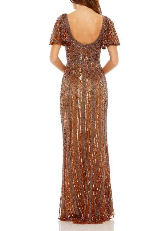 Mac Duggal Scoop Neck Flutter Sleeve Embellished Gown