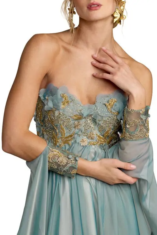 Mac Duggal Strapless Floral Embroidered Chiffon Gown