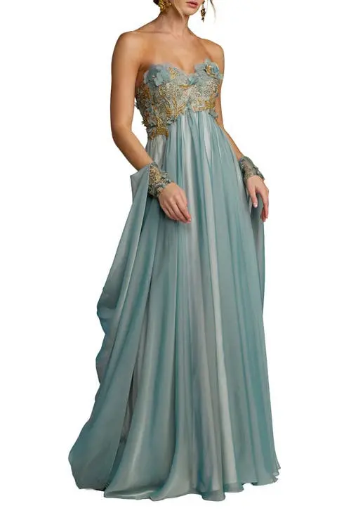 Mac Duggal Strapless Floral Embroidered Gown - Seafoam