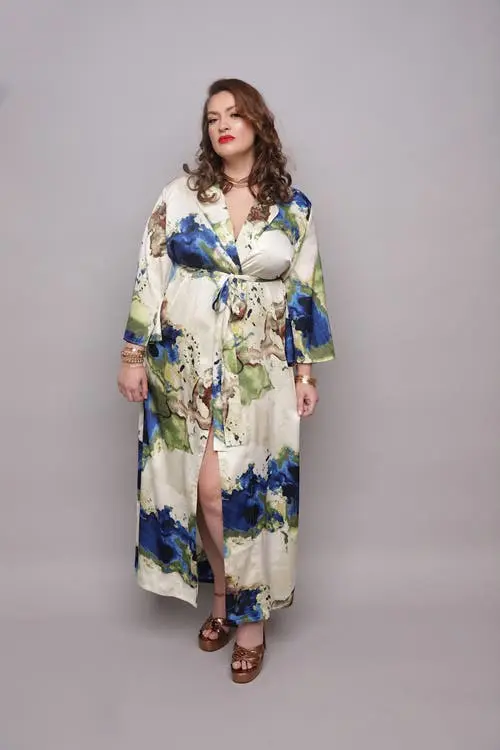 DEARCURVES Abstract Watercolor Print Kimono Maxi Dress