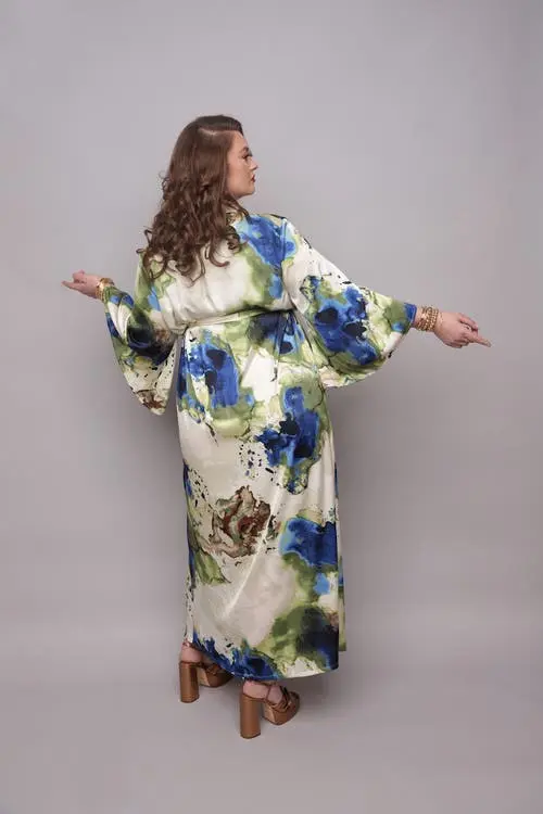 DEARCURVES Abstract Watercolor Print Kimono Maxi Dress