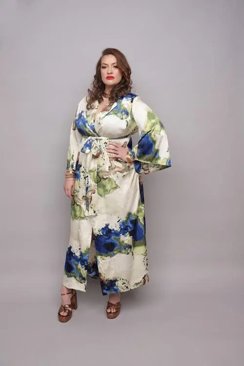 DEARCURVES Abstract Watercolor Print Kimono Maxi Dress