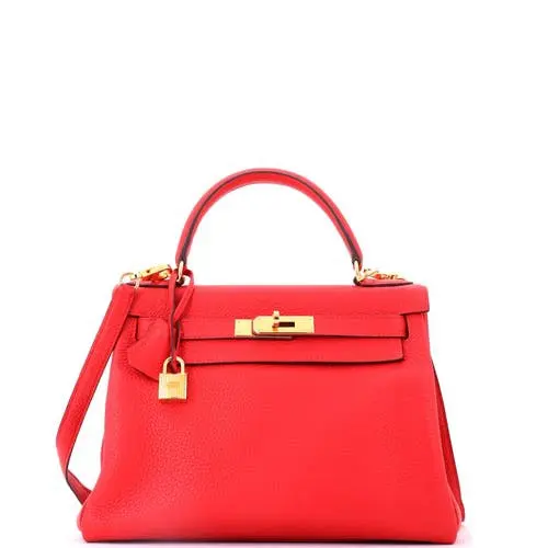Hermès Kelly Handbag Clemence With Gold Hardware 28 - Red