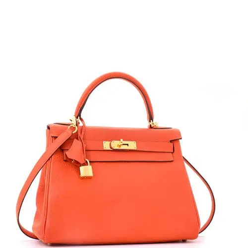 Hermès Kelly Handbag Clemence With Gold Hardware 28 - Orange