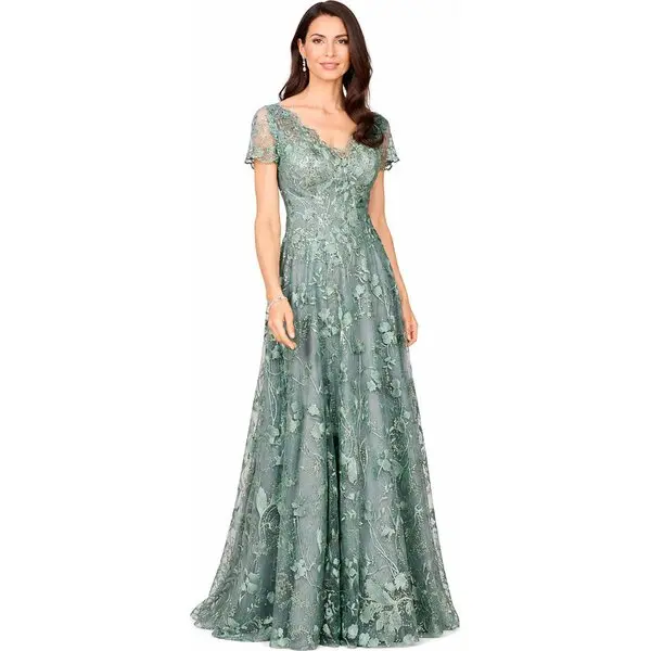 LARA NEW YORK Beaded Faux-wrap V-neck Bridal Gown - Green