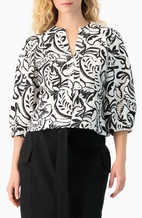 IVONNE Graphic Brushstroke Floral Woven V-neck Blouse - White