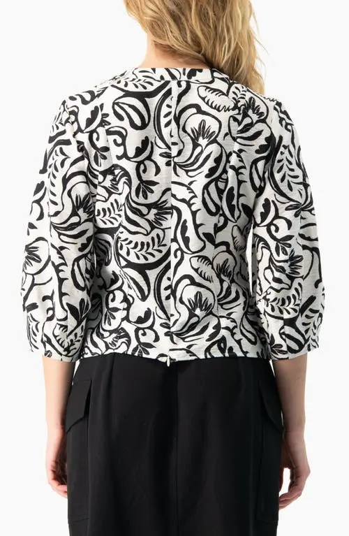 IVONNE Graphic Brushstroke Floral Woven V-neck Blouse