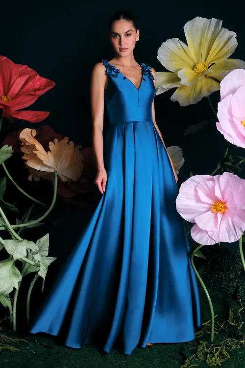Theia Velina Mikado V Neck Gown