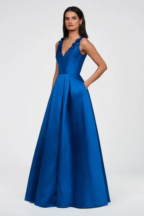 Theia Velina Mikado V Neck Gown