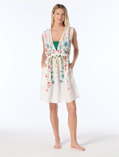 Vince Camuto Sleeveless Plunge Neck Floral Print Cover Up Dress - Ivory