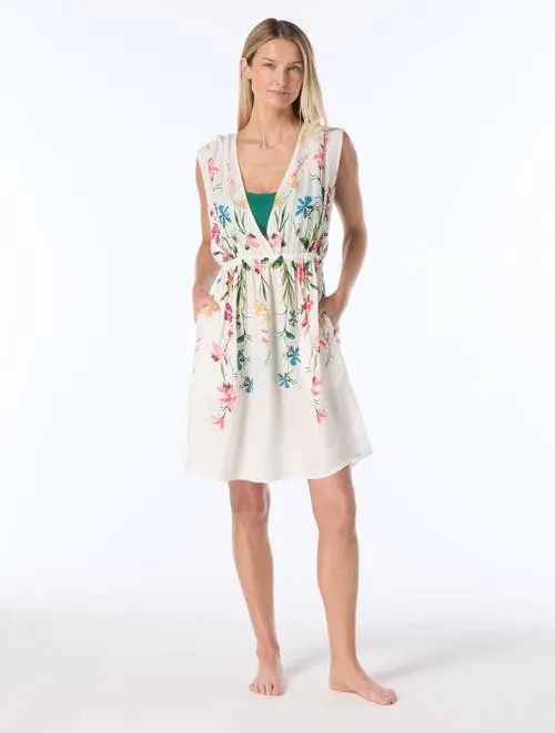 Vince Camuto Sleeveless Plunge Neck Floral Print Cover Up Dress - Ivory