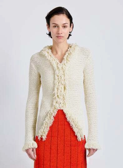 Proenza Schouler Nilo Textured Jacquard V-neck Top With Fringe Embroidery - Off White