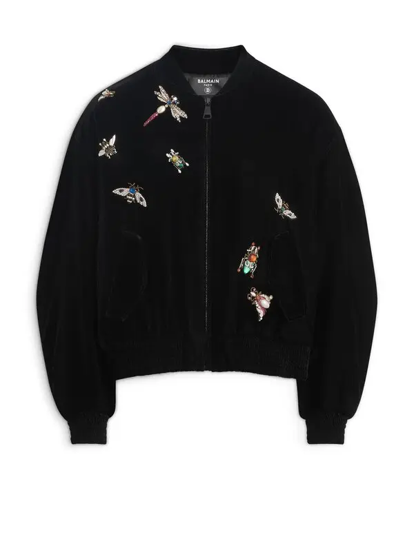 Balmain Embroidered Velvet Insect Bomber Jacket - Black