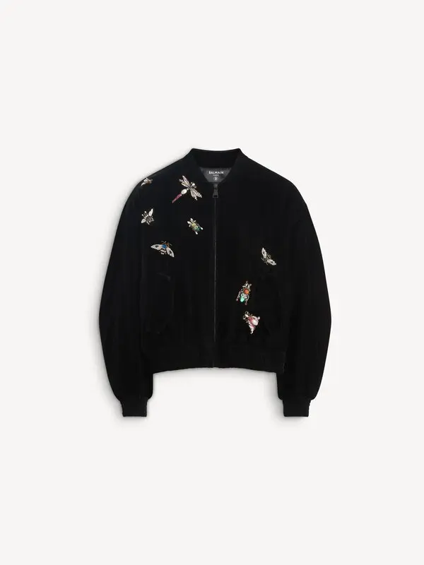 Balmain Embroidered Velvet Insect Bomber Jacket
