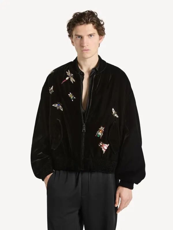 Balmain Embroidered Velvet Insect Bomber Jacket