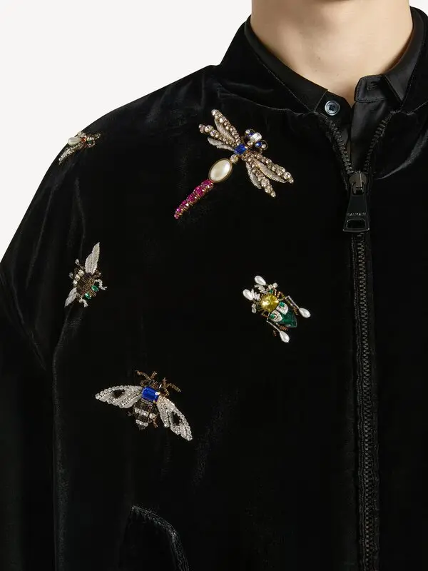 Balmain Embroidered Velvet Insect Bomber Jacket