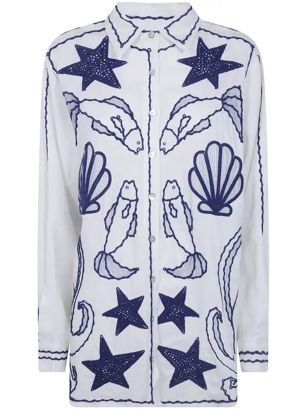 Farm Rio Embroidered Linen Shirt - White