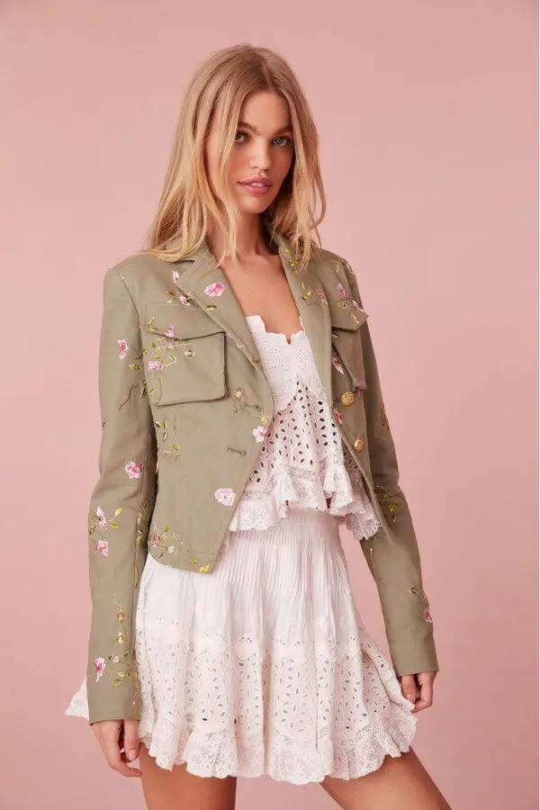 LoveShackFancy Dolisa Embroidered Military Jacket - Olive Green
