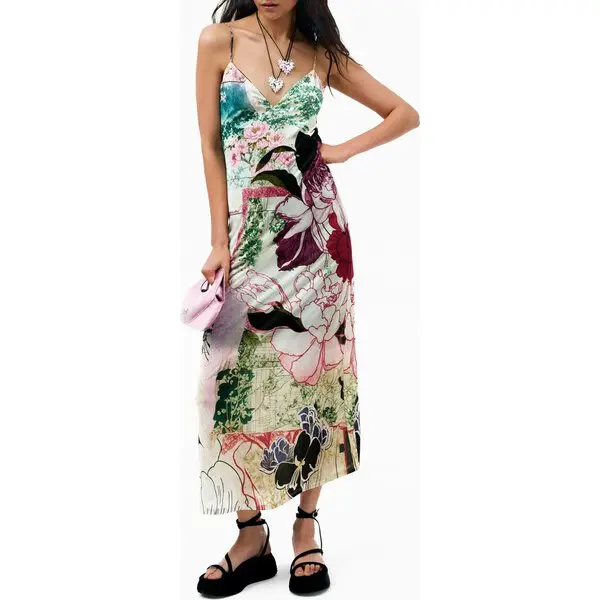 Desigual Patchwork Print V-neck Slipdress - Ivory Multi