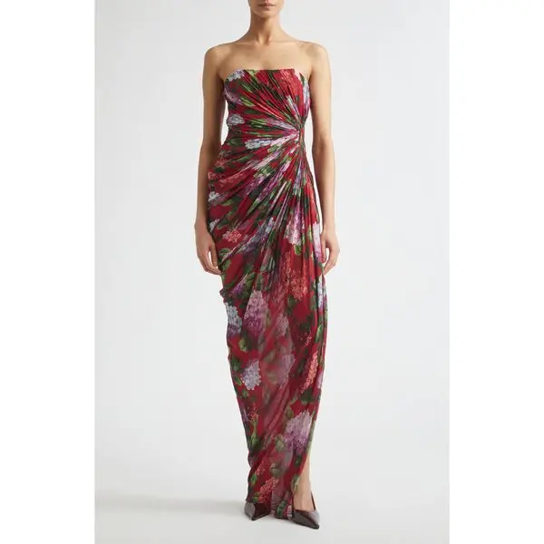 Carolina Herrera Hydrangea Print Strapless Ruched Silk Chiffon Gown - Cranberry Multi