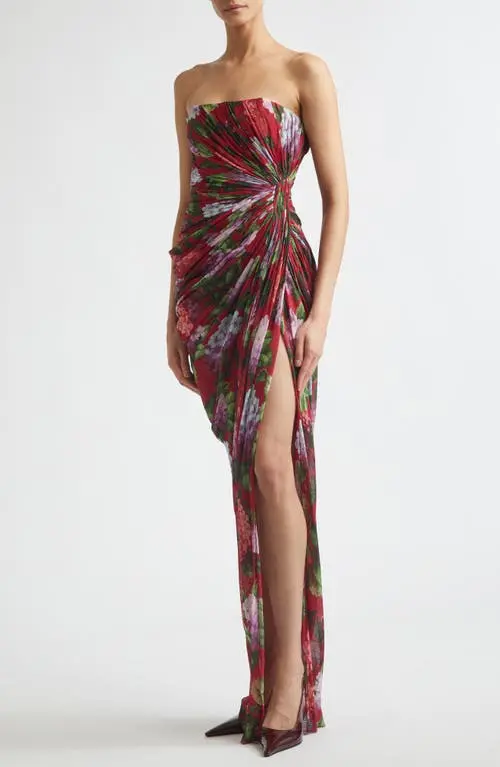 Carolina Herrera Hydrangea Print Strapless Ruched Silk Chiffon Gown