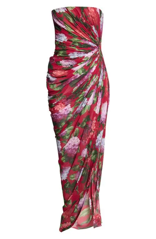 Carolina Herrera Hydrangea Print Strapless Ruched Silk Chiffon Gown