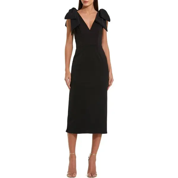 Mac Duggal Petite Statement Bow Shoulder Crepe Midi Dress - Black