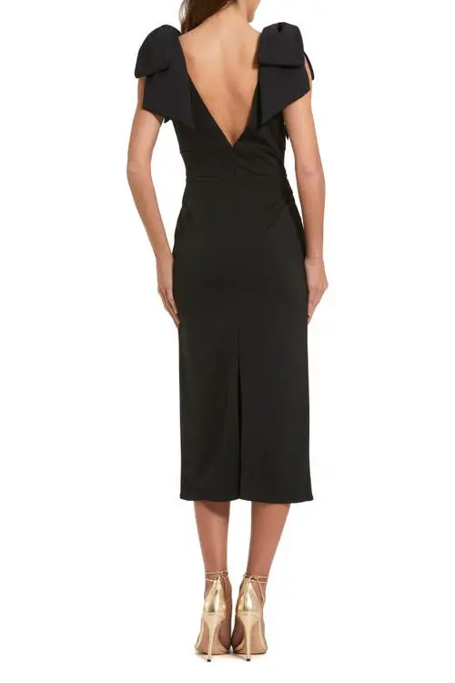 Mac Duggal Petite Statement Bow Shoulder Crepe Midi Dress