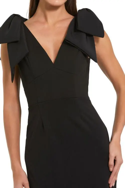 Mac Duggal Petite Statement Bow Shoulder Crepe Midi Dress