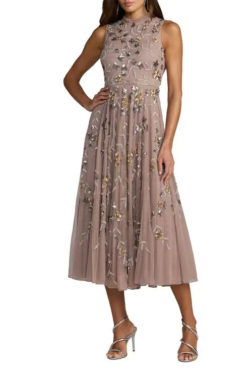 Mac Duggal Embellished High Neck Butterfly Sleeve Gown - Taupe