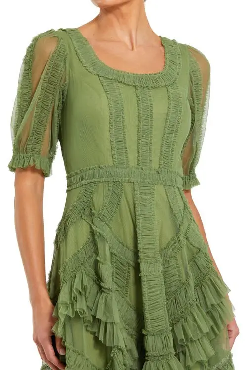 Mac Duggal Petite Short Sleeve Mesh Mirco Ruffle Midi Dress