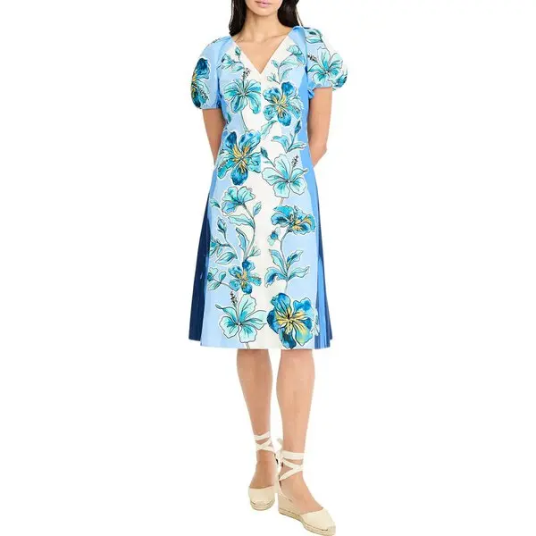 Maggy London Floral Print V-neck Puff Sleeve Fit & Flare Dress - Deep Blue/aqua