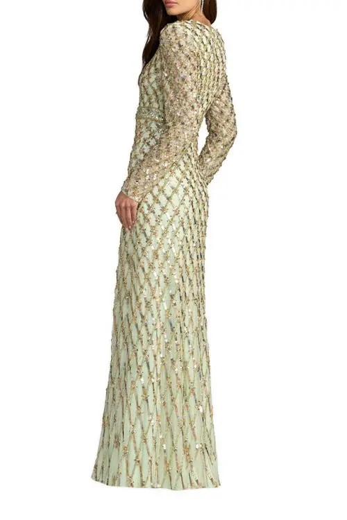Mac Duggal Long Sleeve High Neck Beaded Gown