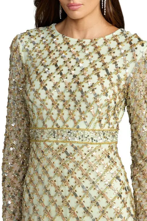 Mac Duggal Long Sleeve High Neck Beaded Gown