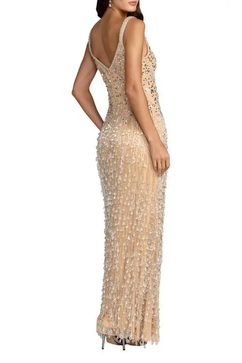 Mac Duggal Embellished V-neck Fringe Gown