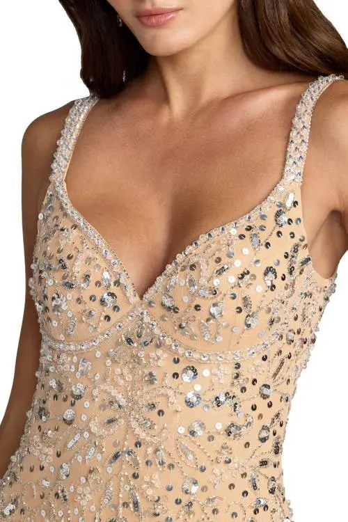 Mac Duggal Embellished V-neck Fringe Gown