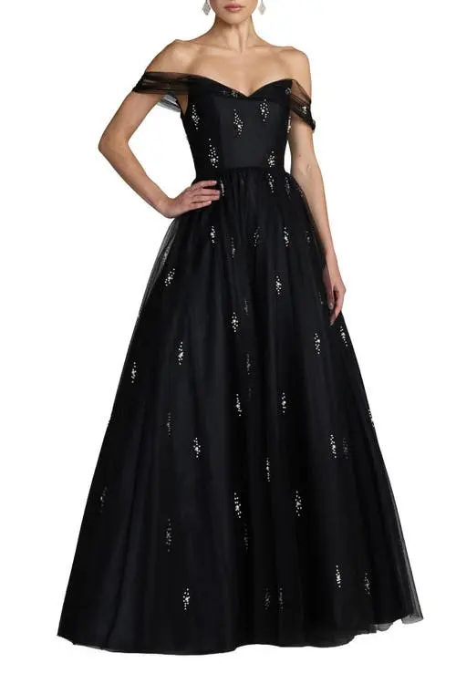 Mac Duggal Pearl Embellished Off-the-shoulder Ball Gown - Black