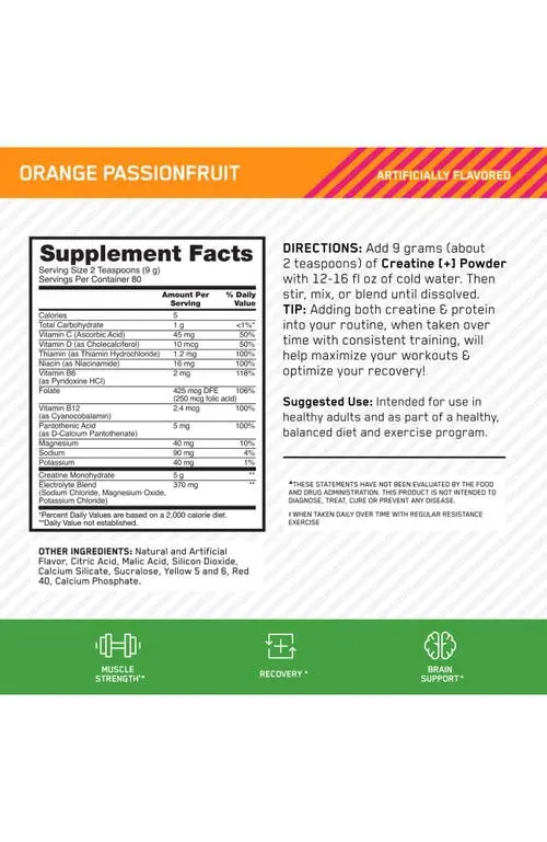OPTIMUM NUTRITION Creatine Monohydrate Performance Powder With Electrolytes, Added Vitamins, And Orange Passionfruit Flavor