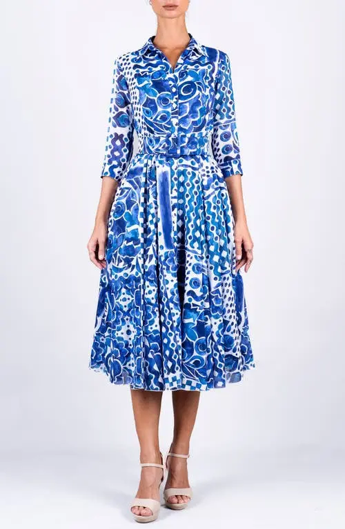 Samantha Sung Watercolor Tile A-line Belted Shirtdress - White Blue