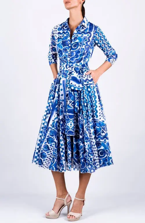 Samantha Sung Watercolor Tile A-line Belted Shirtdress