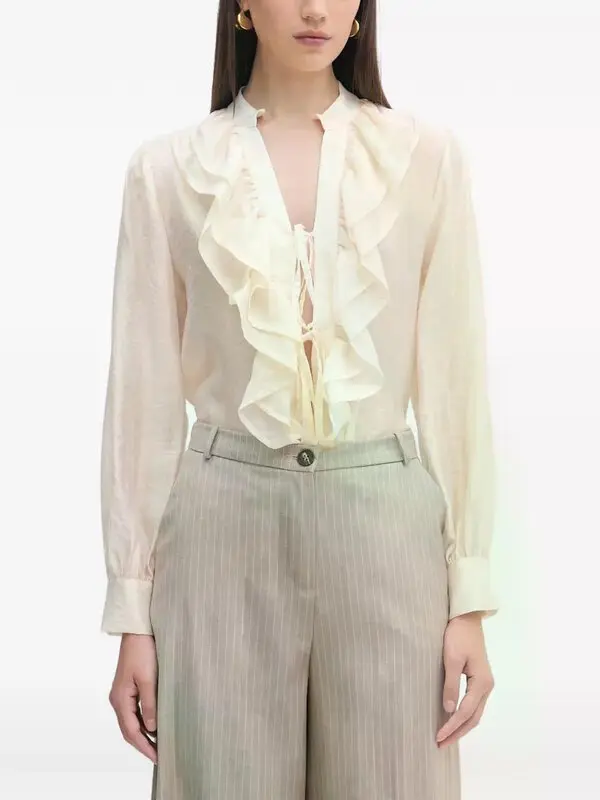 HAVEONE Cream White Ruffled Front-tie V-neck Blouse