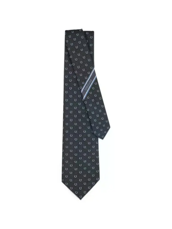 FERRAGAMO Gancini Silk Jacquard Neck Tie - Black