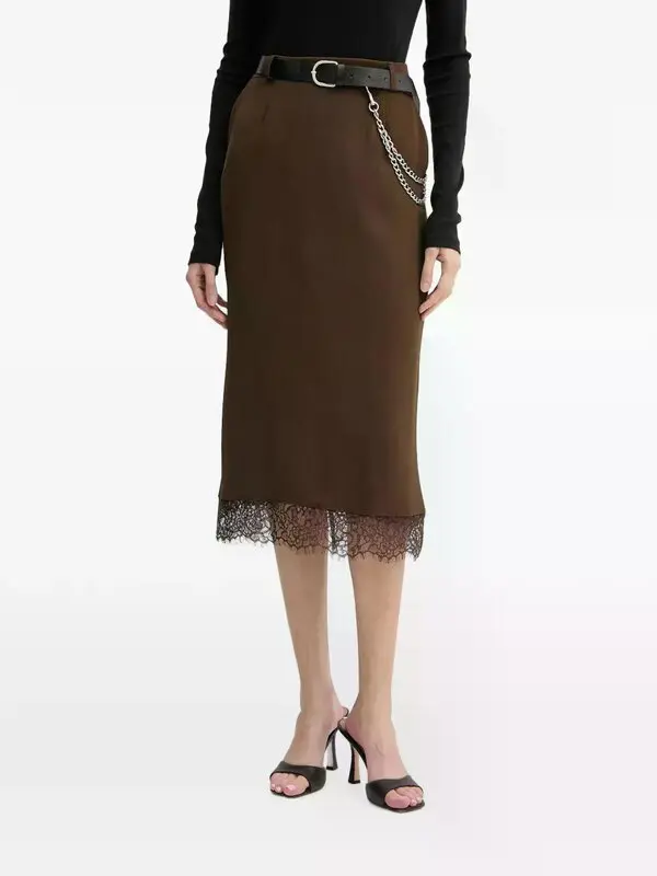 HAVEONE Lace-trim Chain-link Midi Skirt - Brown