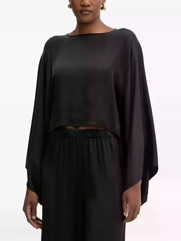 HAVEONE Satin Cape-sleeve Cropped Blouse