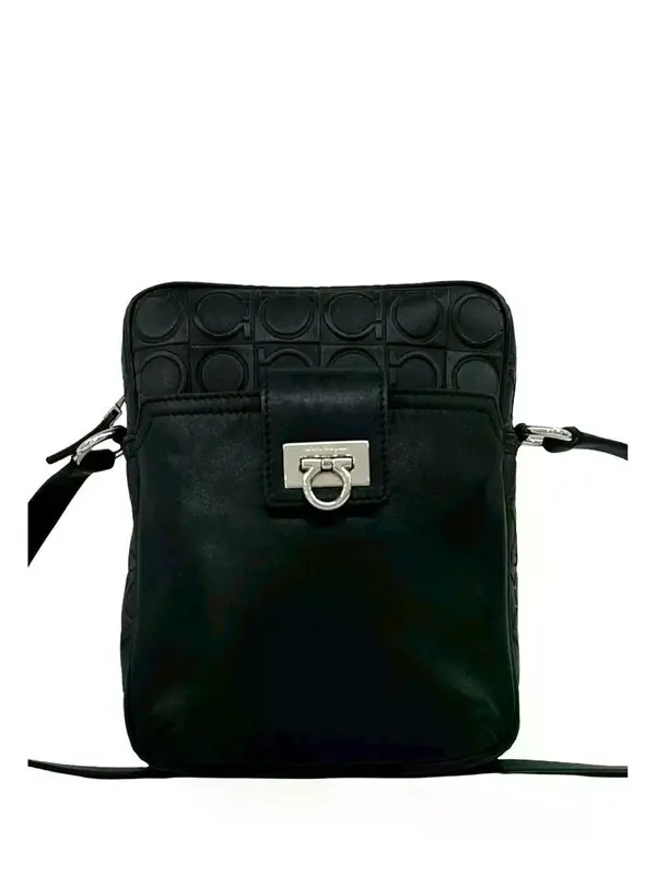 FERRAGAMO 2010-2026 Gancini Embossed Leather Crossbody Bag - Black
